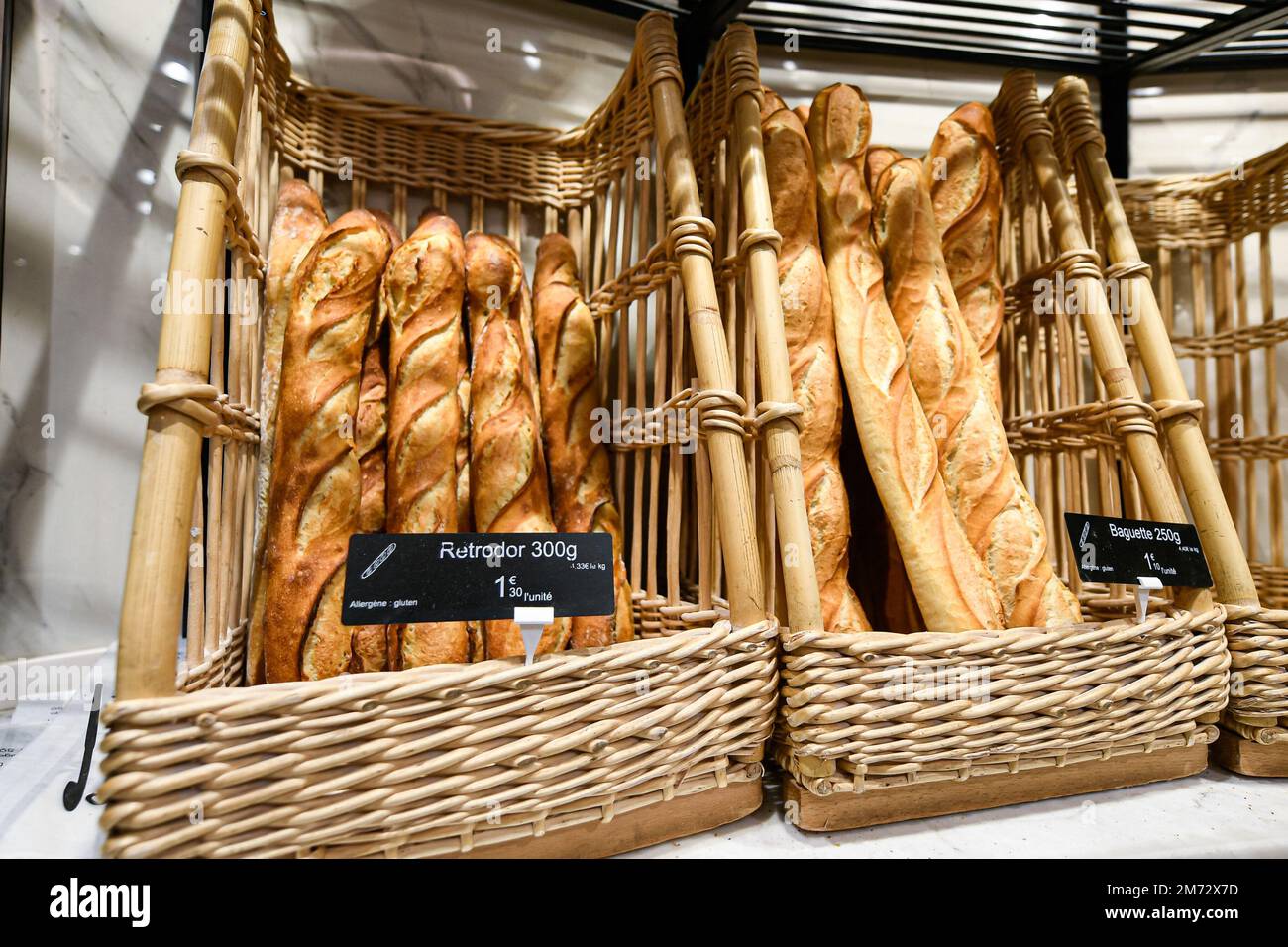 Illustration picture shows baguettes (French stick baguette) in a ...