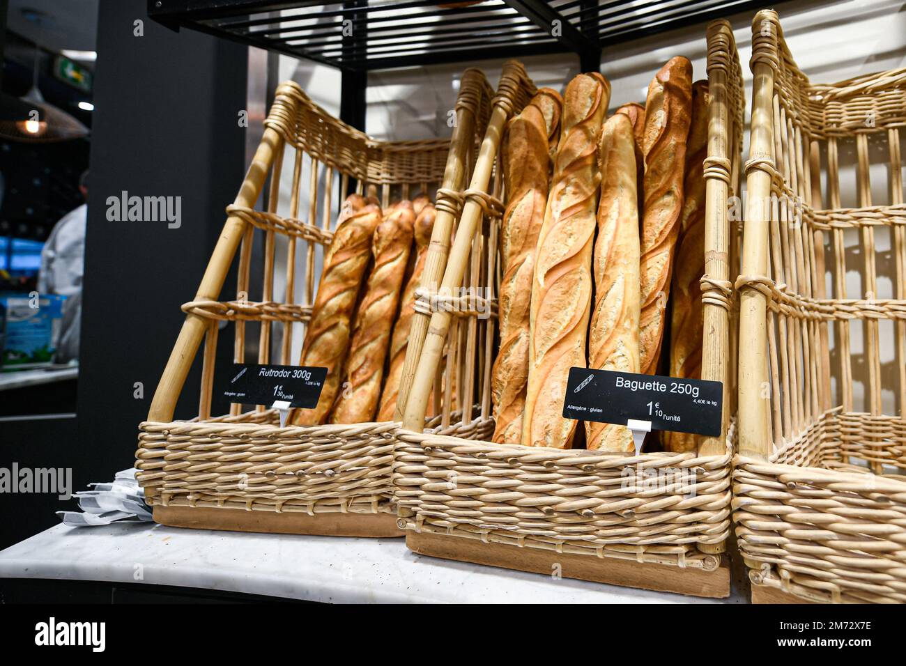 Illustration picture shows baguettes (French stick baguette) in a ...