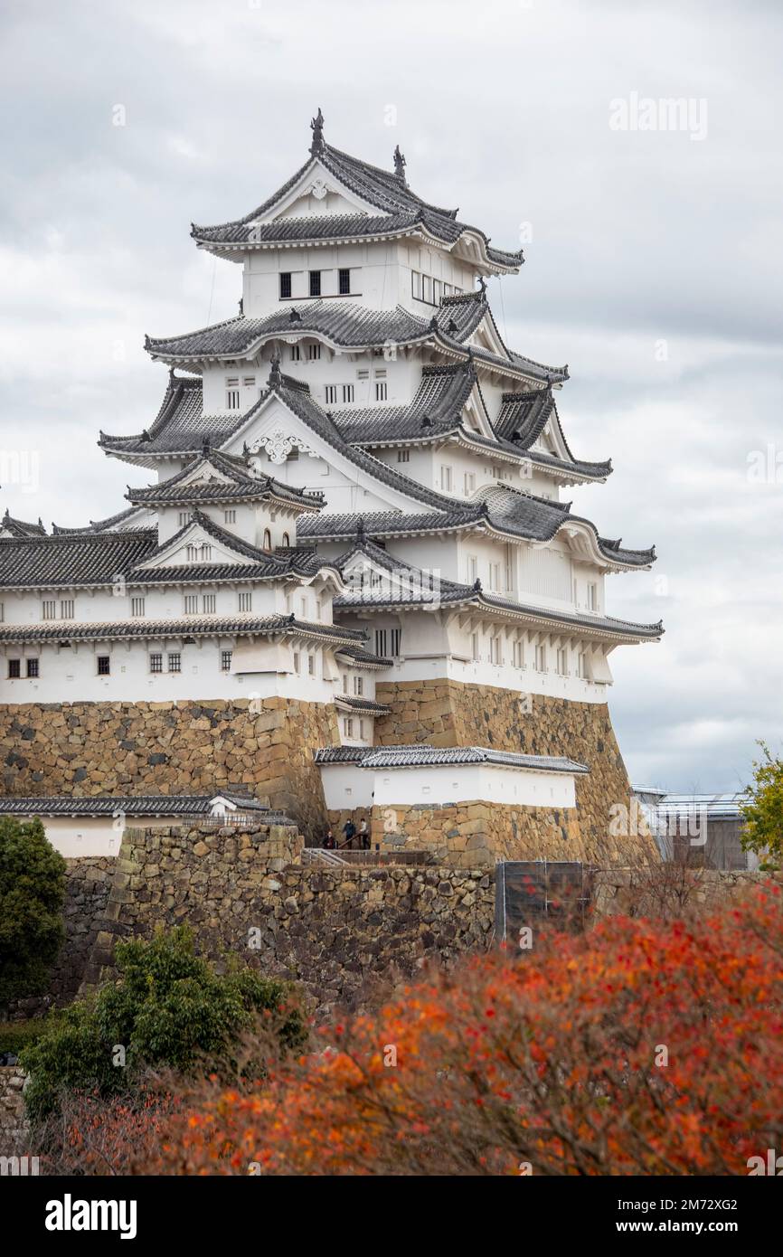 The view of Himeji Castle in autumn, a hilltop Japanese castle complex ...