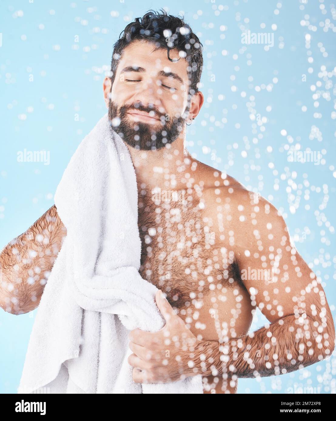 Clean, man with towel and beauty, body hygiene with bokeh overlay and ...