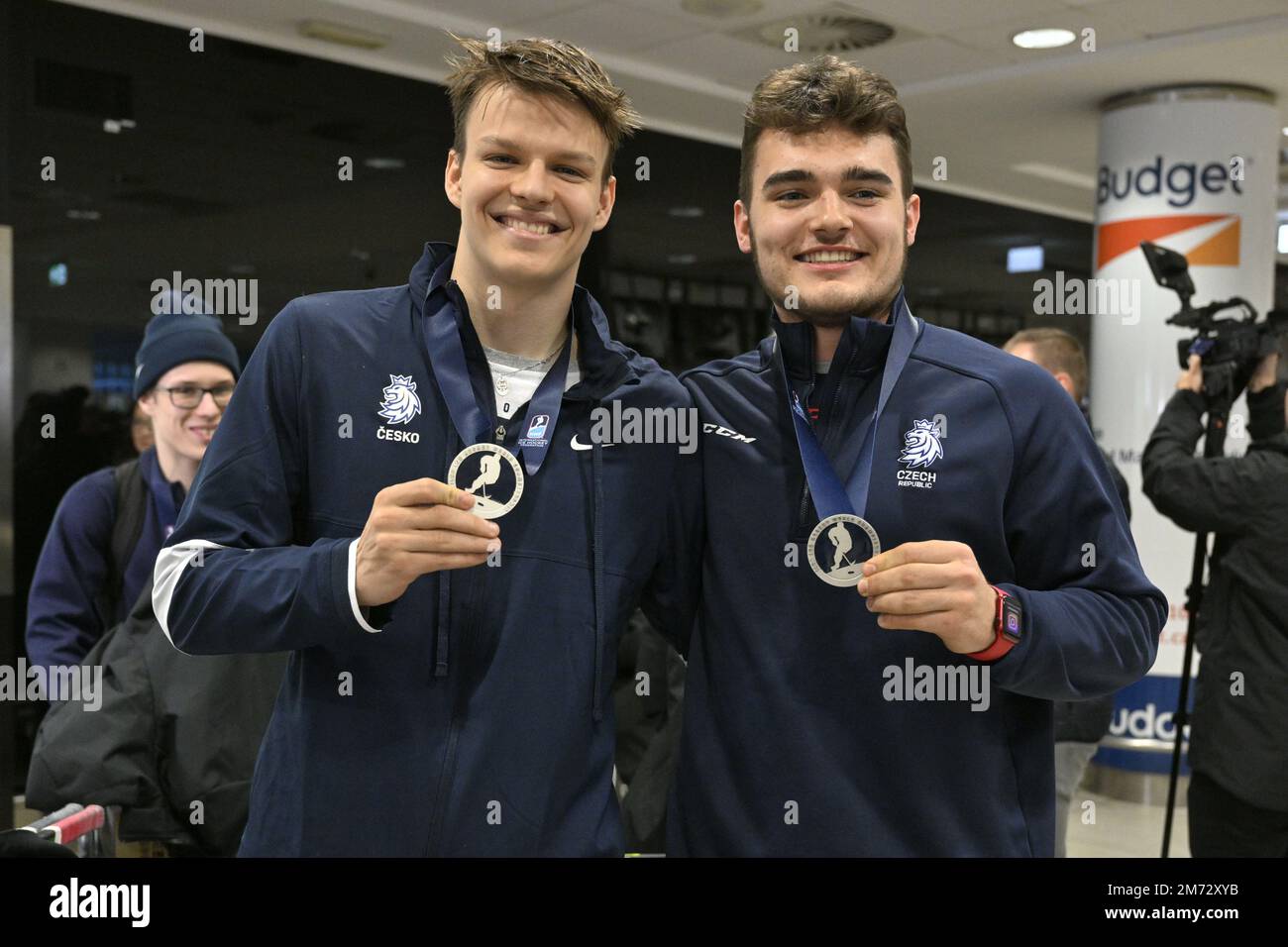 Czech hockey players U20 L-R Jakub Kos and Ales Cech present silver ...