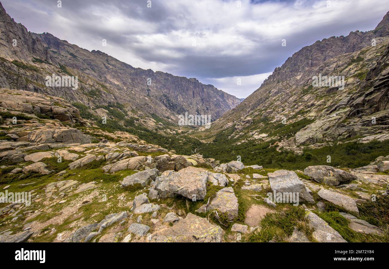 View over dramatic lush Restonica gorge from lake Melo near Corte on ...