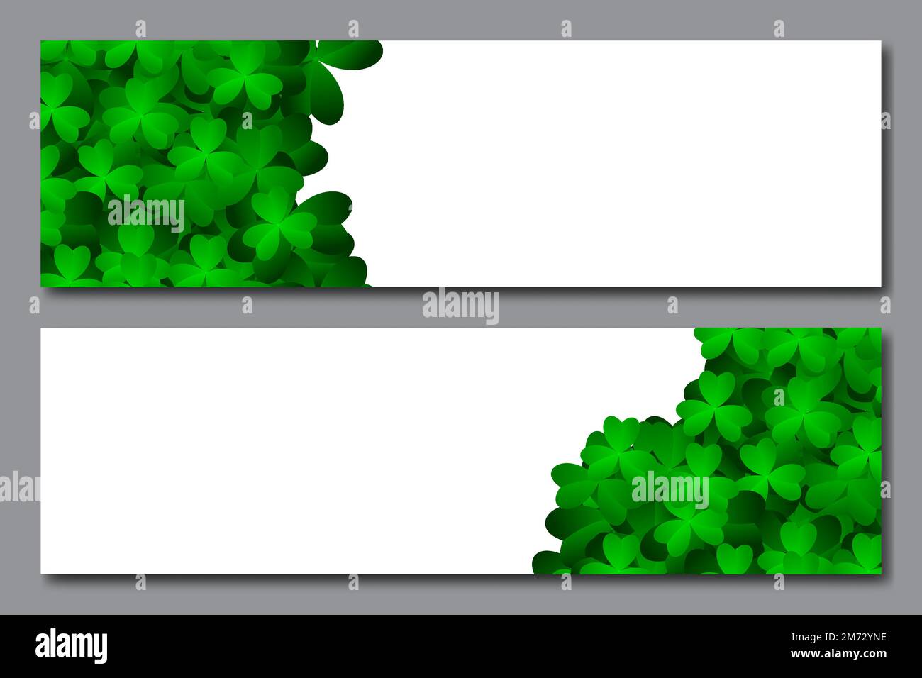 White banners with shamrock leaves. Realistic green clovers. Horizontal ...