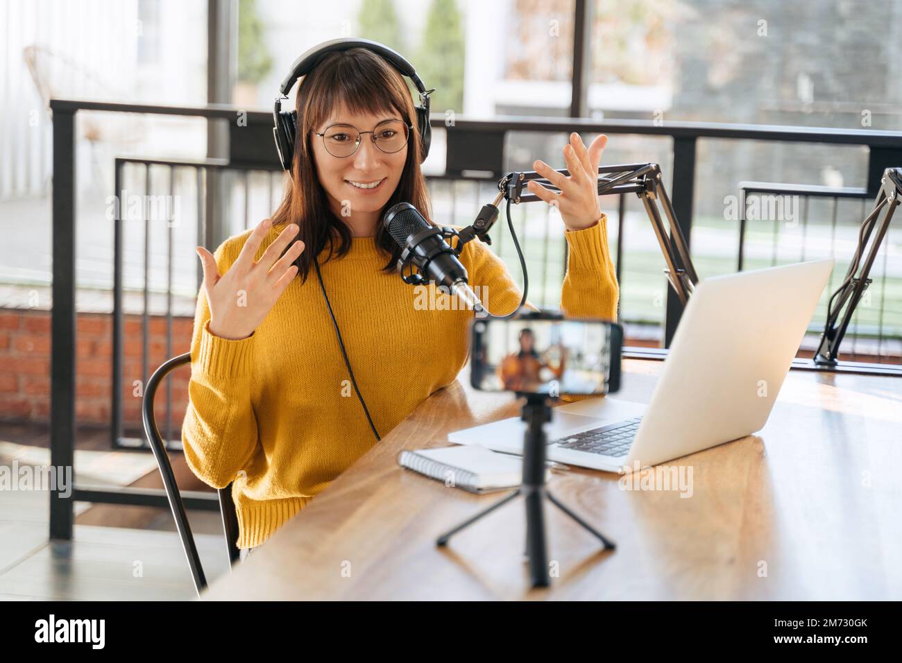 Cheerful woman making online video hi-res stock photography and images ...