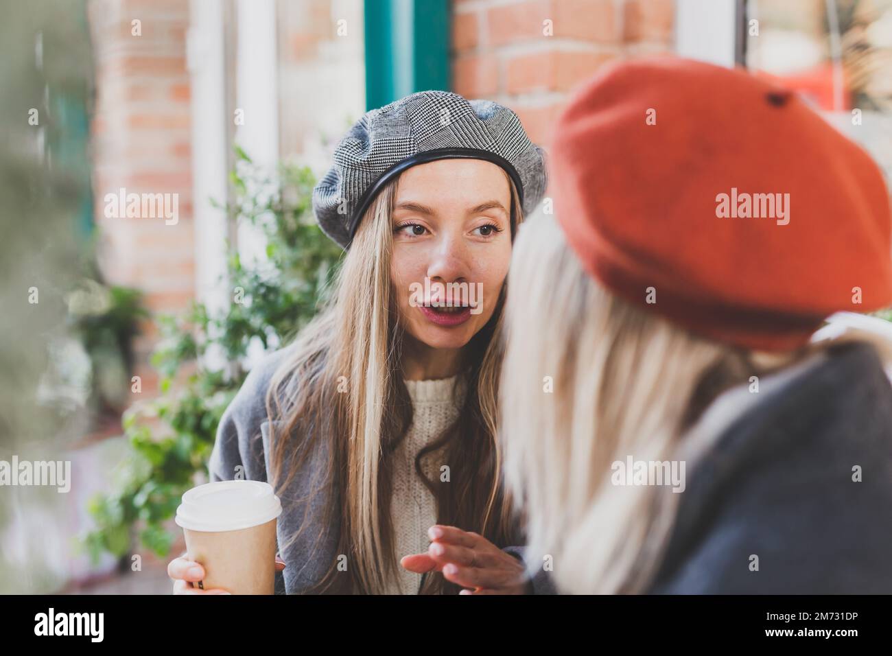 Young female best friends talking to each other discussing interesting ...