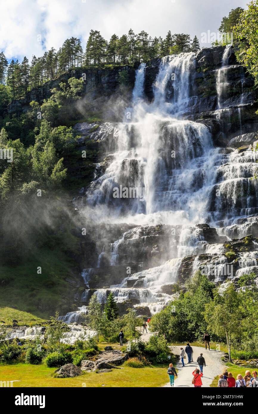 VOSS, NORWAY - JULY 3, 2016: It is Tvindefossen Falls height of 152 ...