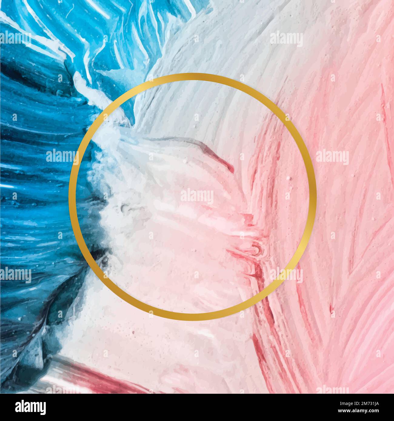 Gold round frame on a pink and blue paintbrush stroke patterned ...