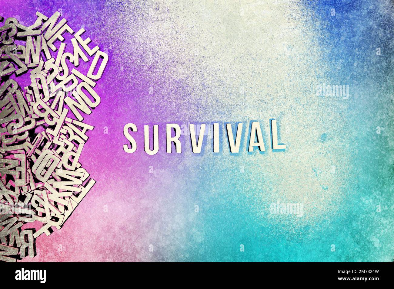 SURVIVAL in wooden English words language capital letters spilling from ...