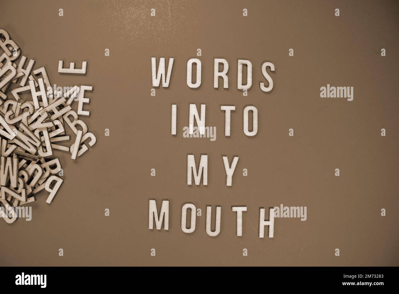 WORDS INTO MY MOUTH in wooden English words language capital letters ...