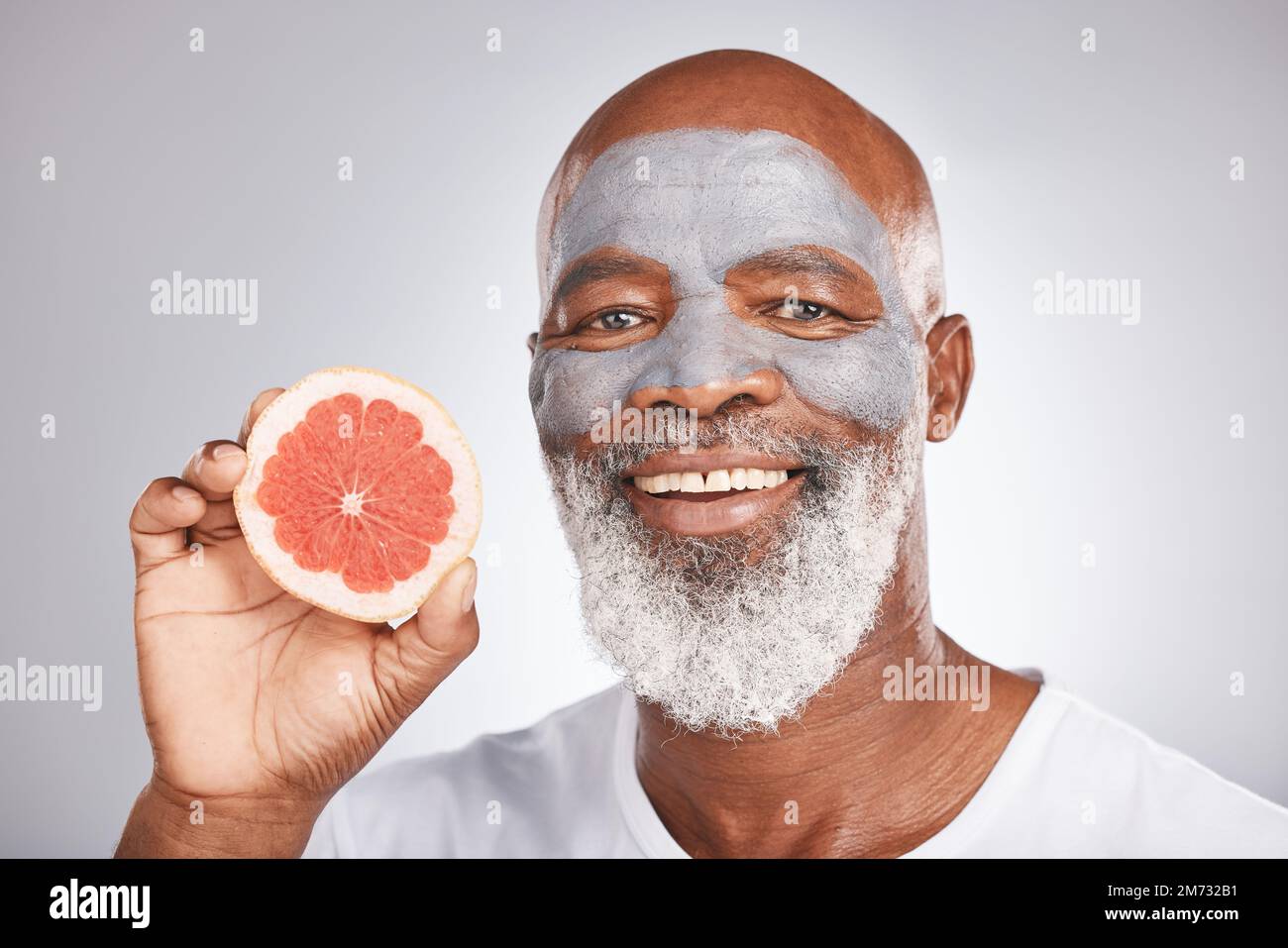 Beauty, grapefruit or happy old man with face mask marketing or ...