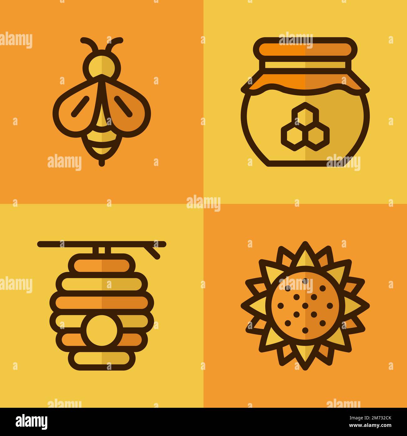 Four honey icons. Honey icons set. Bee set. Honey, bees, sunflower, beehive. Vector illustration ...