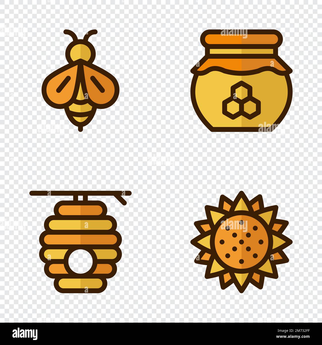 Four honey icons. Honey icons set. Bee set. Honey, bees, sunflower, beehive. Vector illustration ...