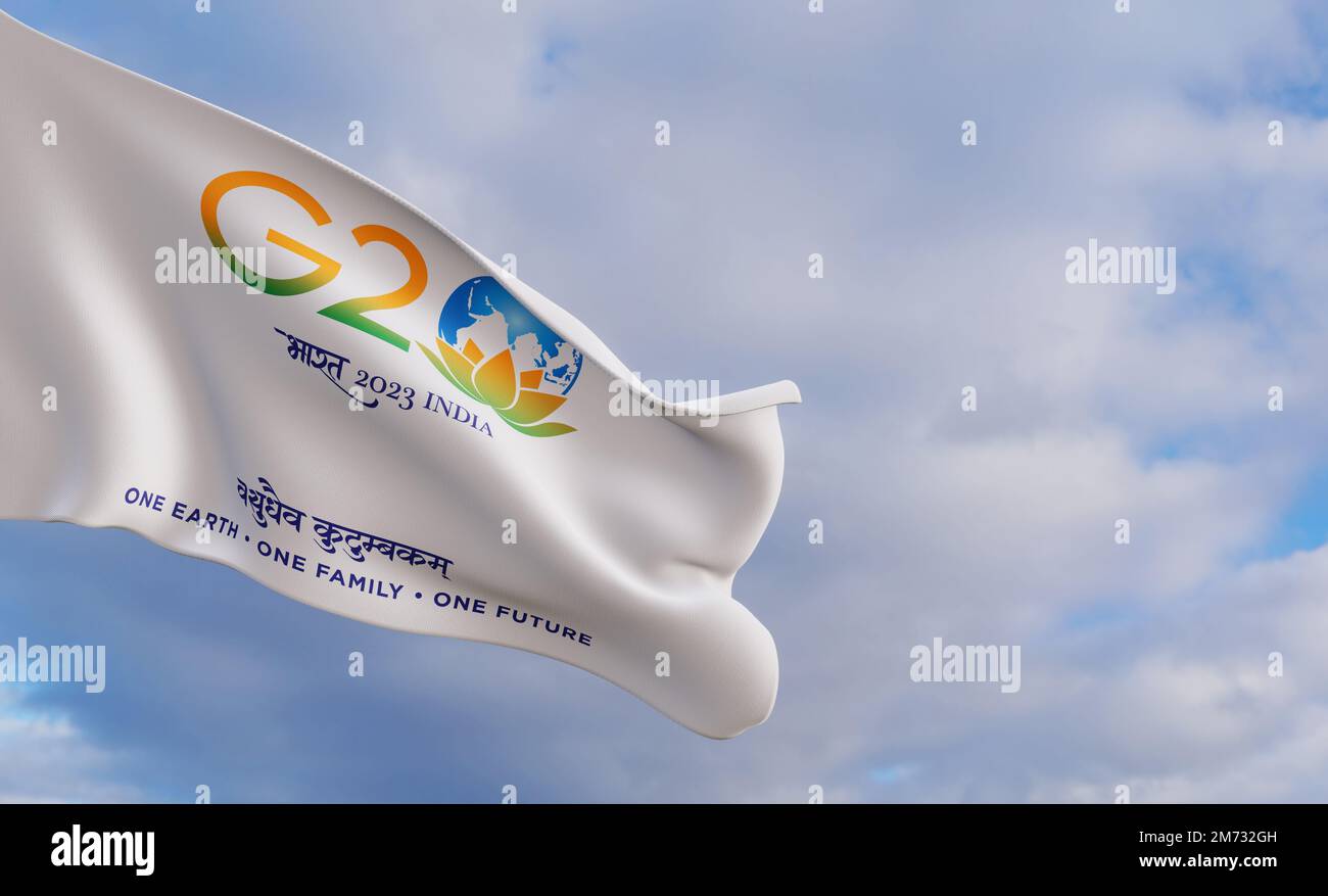 G20 India flag on Blue sky background. 3D work and 3D image Stock Photo ...