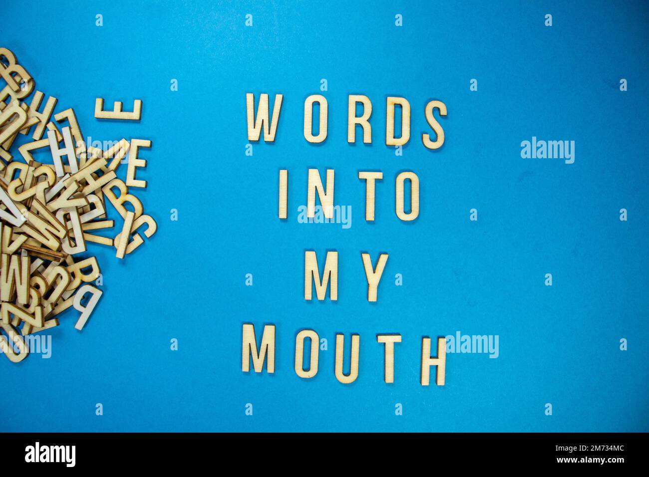 WORDS INTO MY MOUTH in wooden English words language capital letters ...