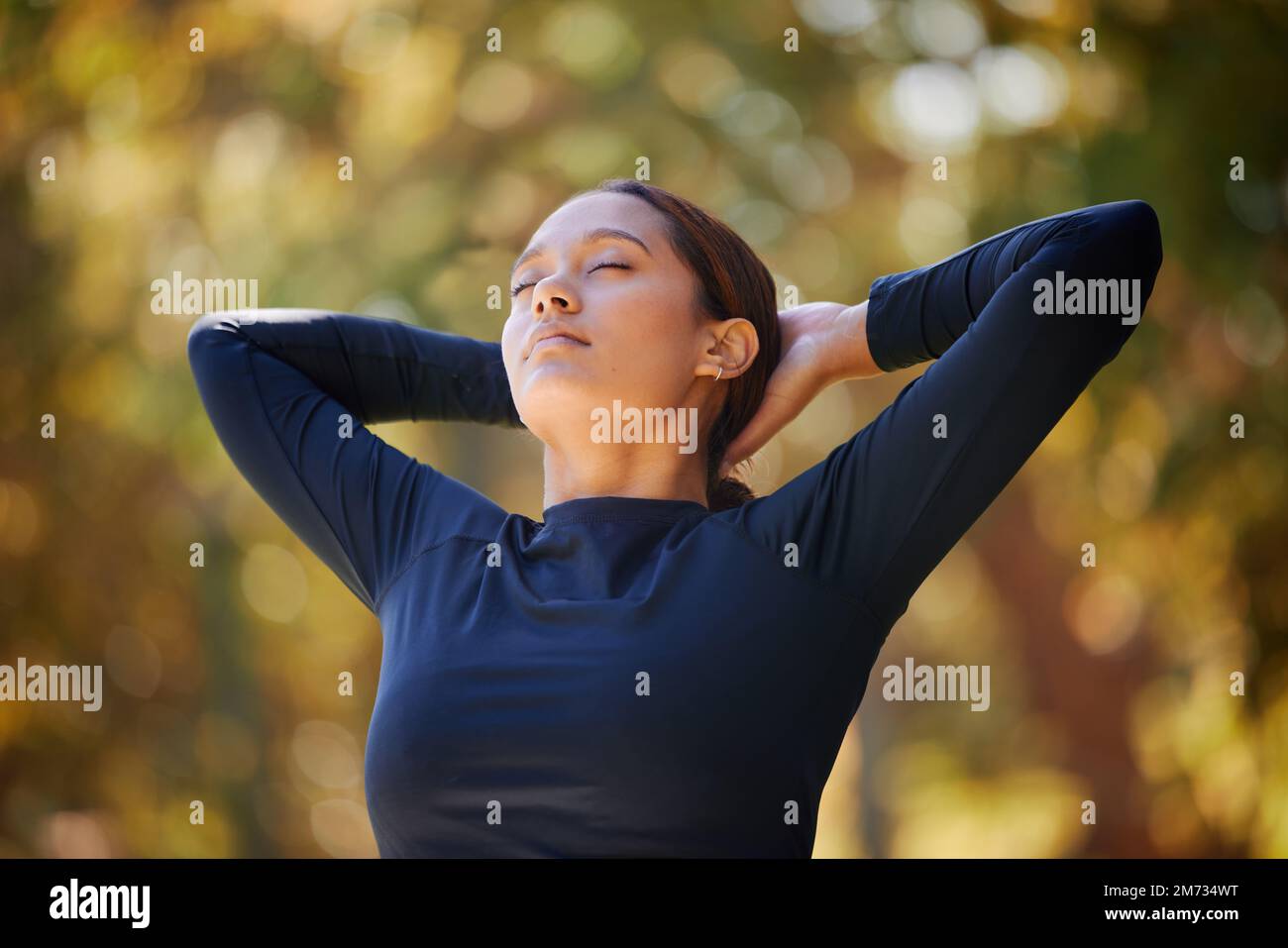 Black woman in outdoor park, breathing in natural fresh air in and ...