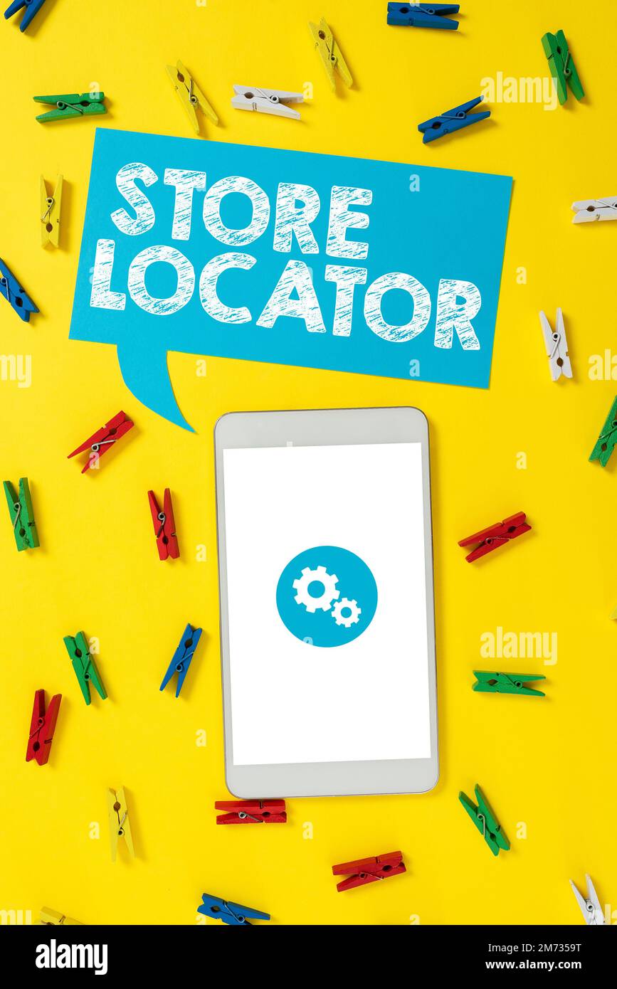 Text sign showing Store Locator. Business overview to know the address ...