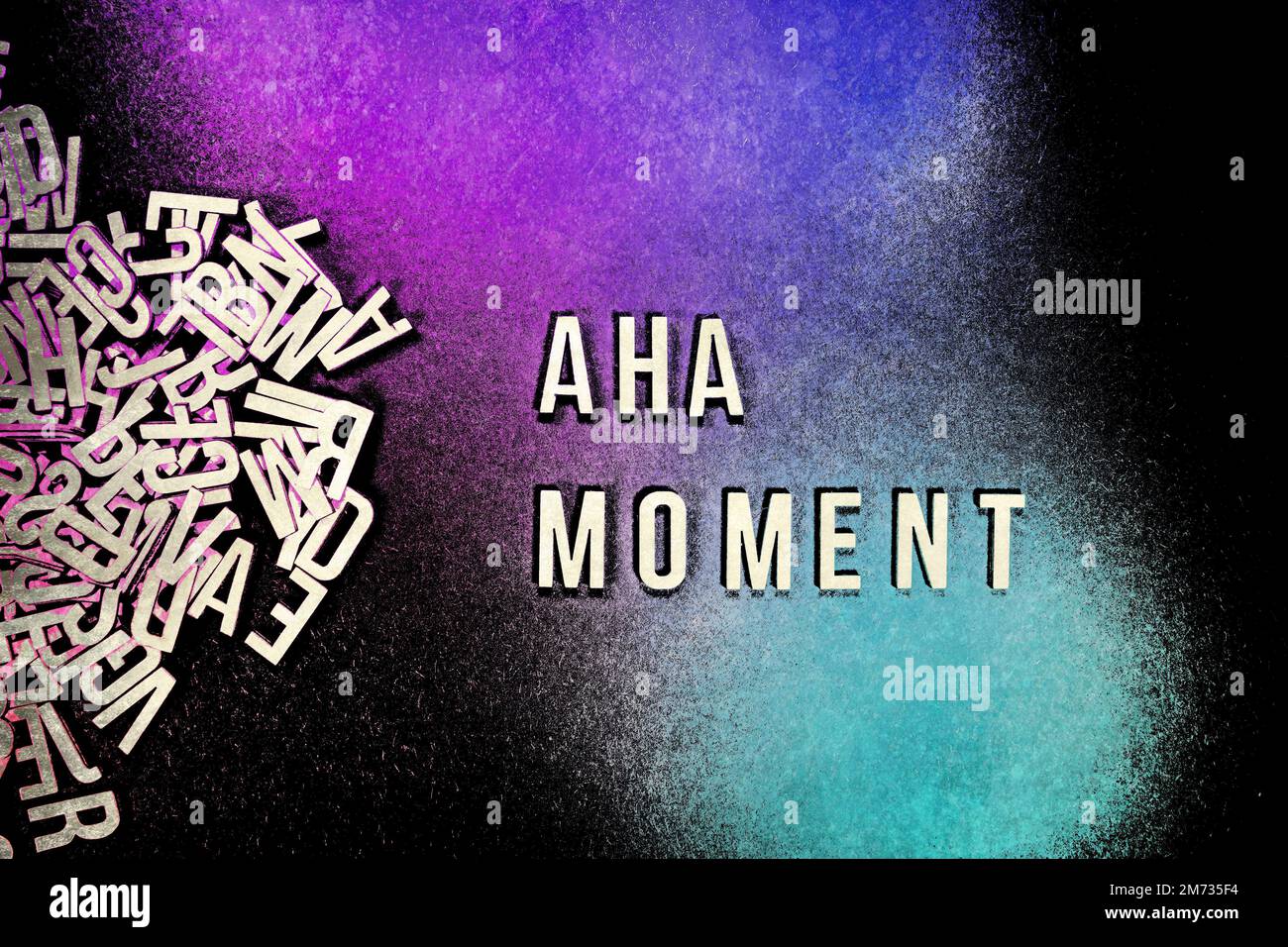 AHA MOMENT in wooden English words language capital letters spilling ...