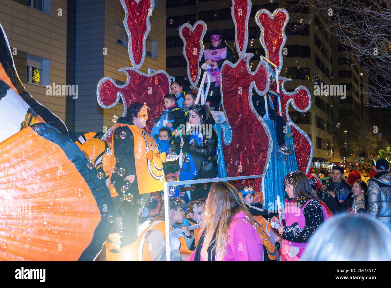 CHRISTMAS PARTY IN A SPANISH VILLAGE WITH A FLOAT PARADE Stock Photo ...