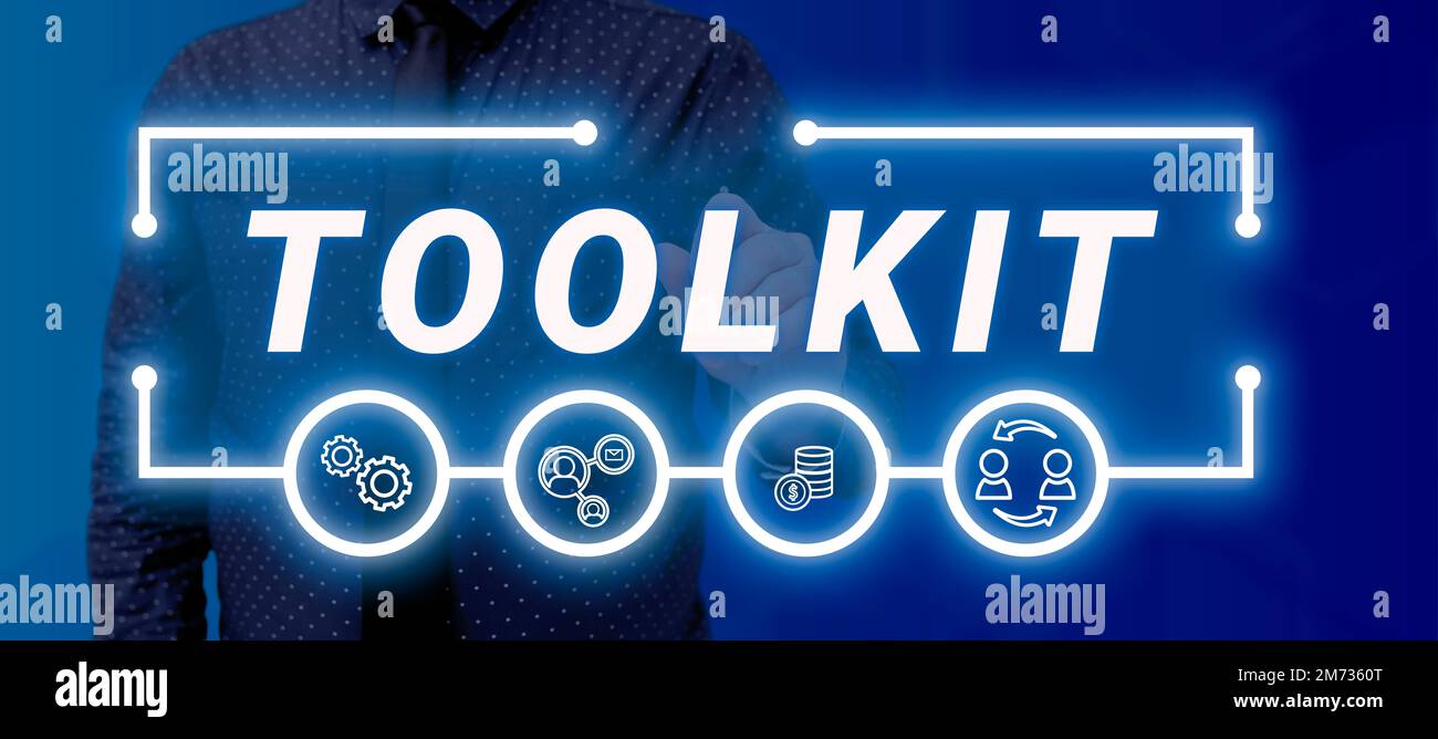 Text sign showing Toolkit. Word for set of tools kept in a bag or box ...