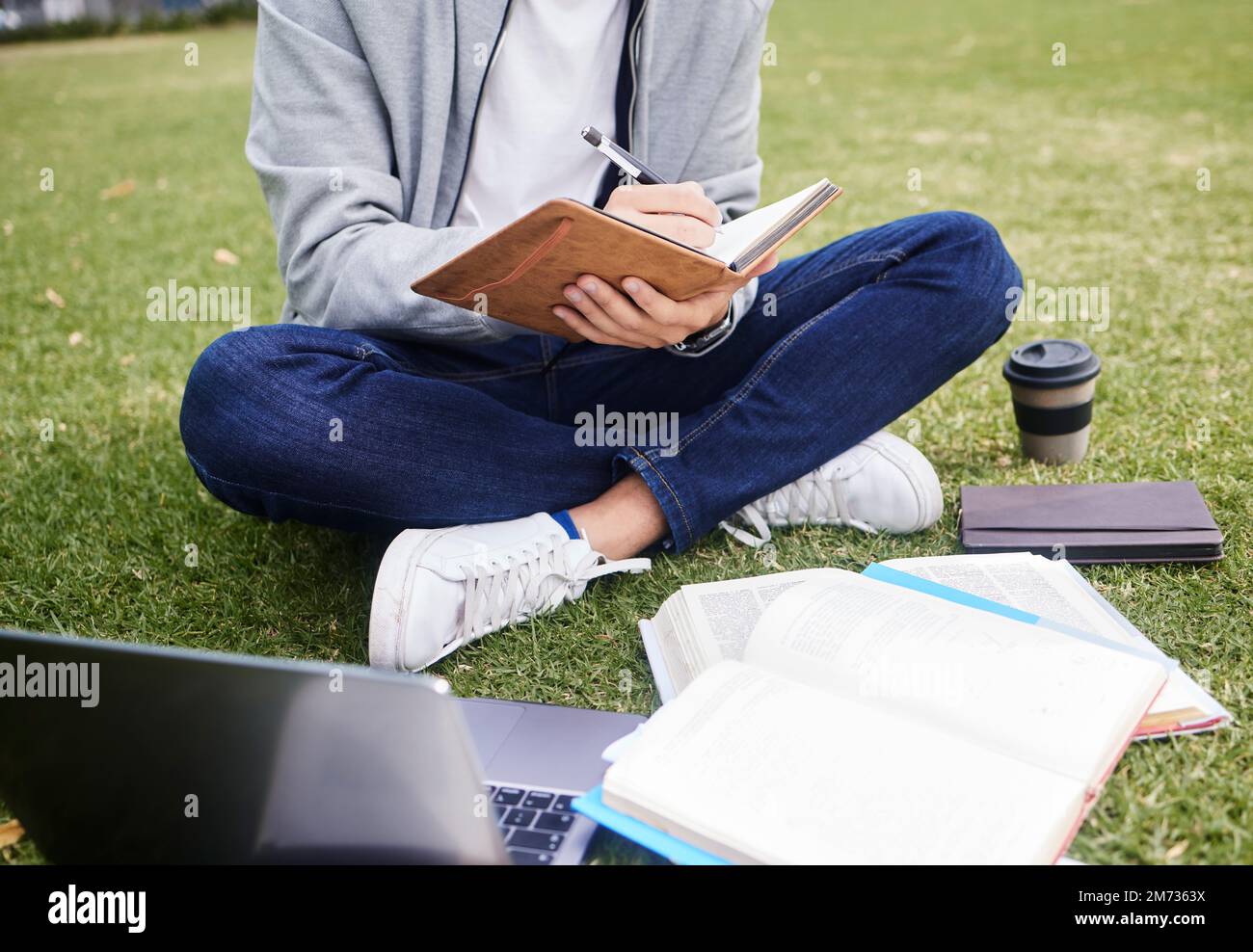 Study, laptop and student in park writing at university, college or ...