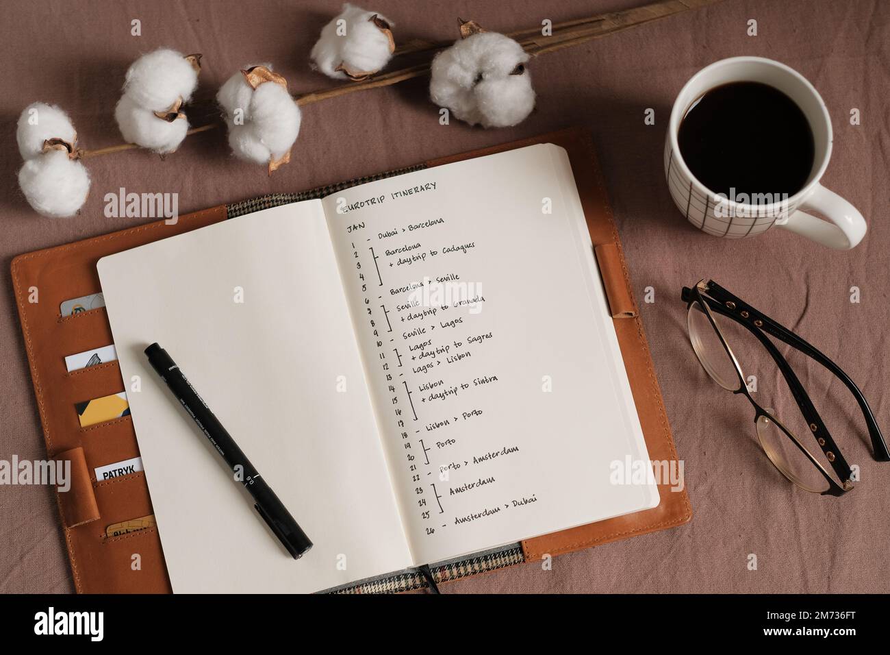 Open leather journal with handwritten Europe trip itinerary. Large ...