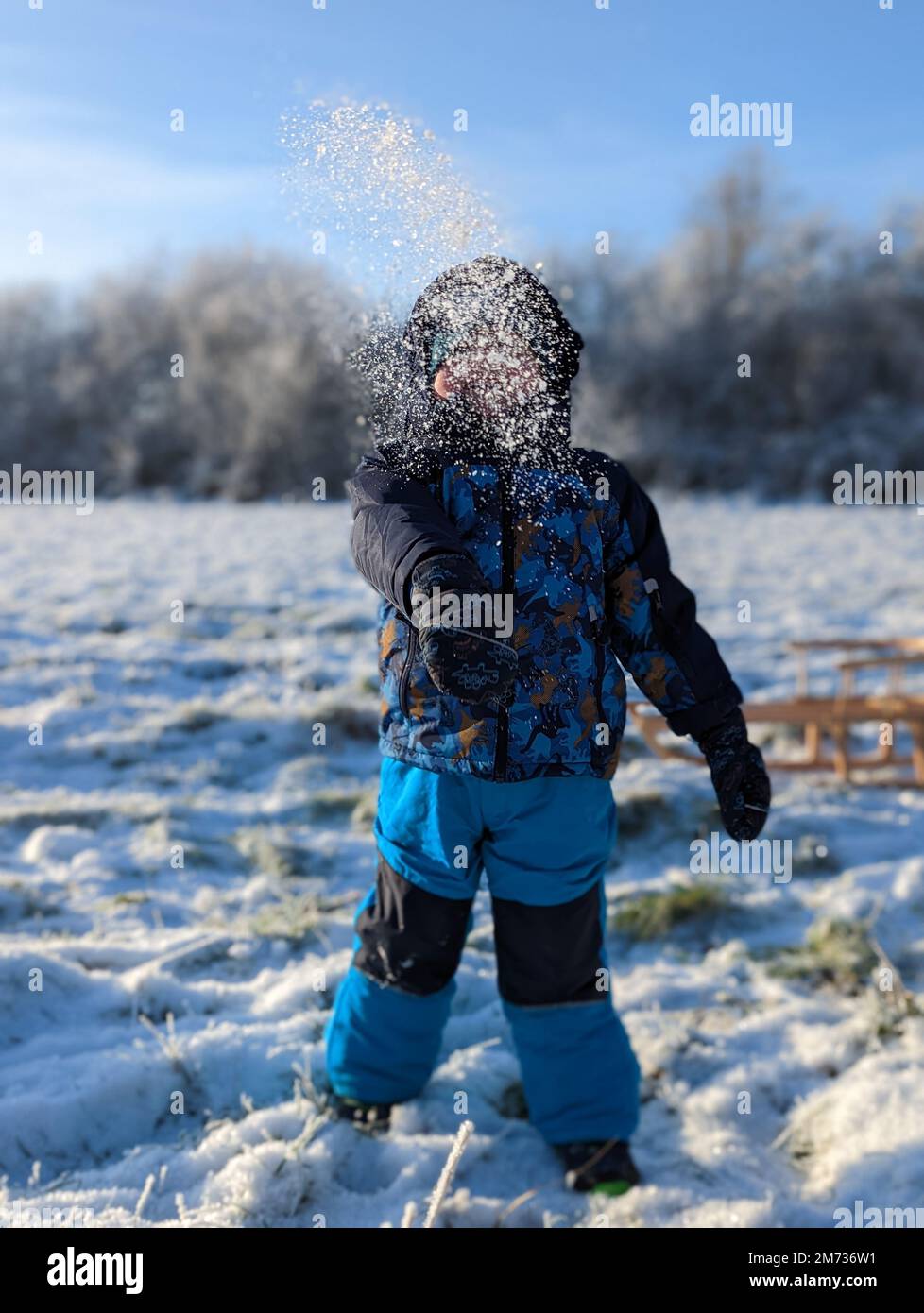 A vertical shot of a kid throwing snow in a winter park Stock Photo - Alamy