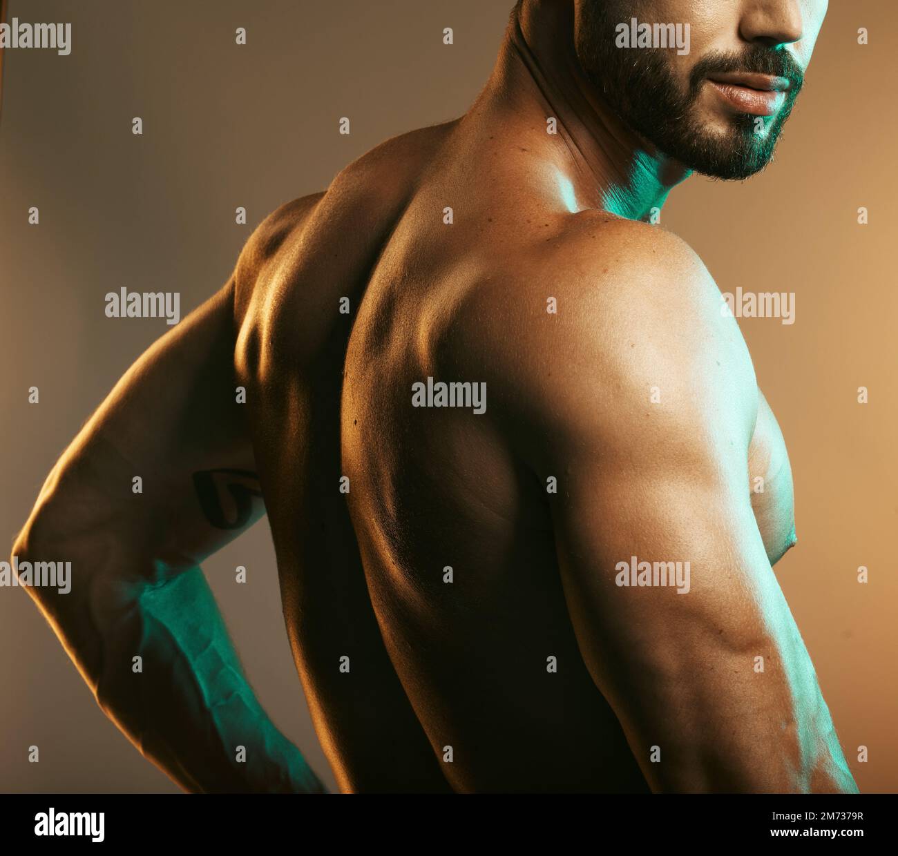 Man, body or back muscles on studio background with creative light ...