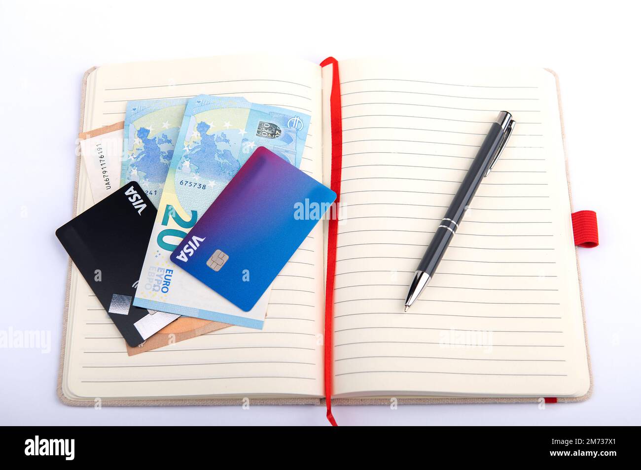 money, credit card, pen on an open planner, financial analytics concept ...