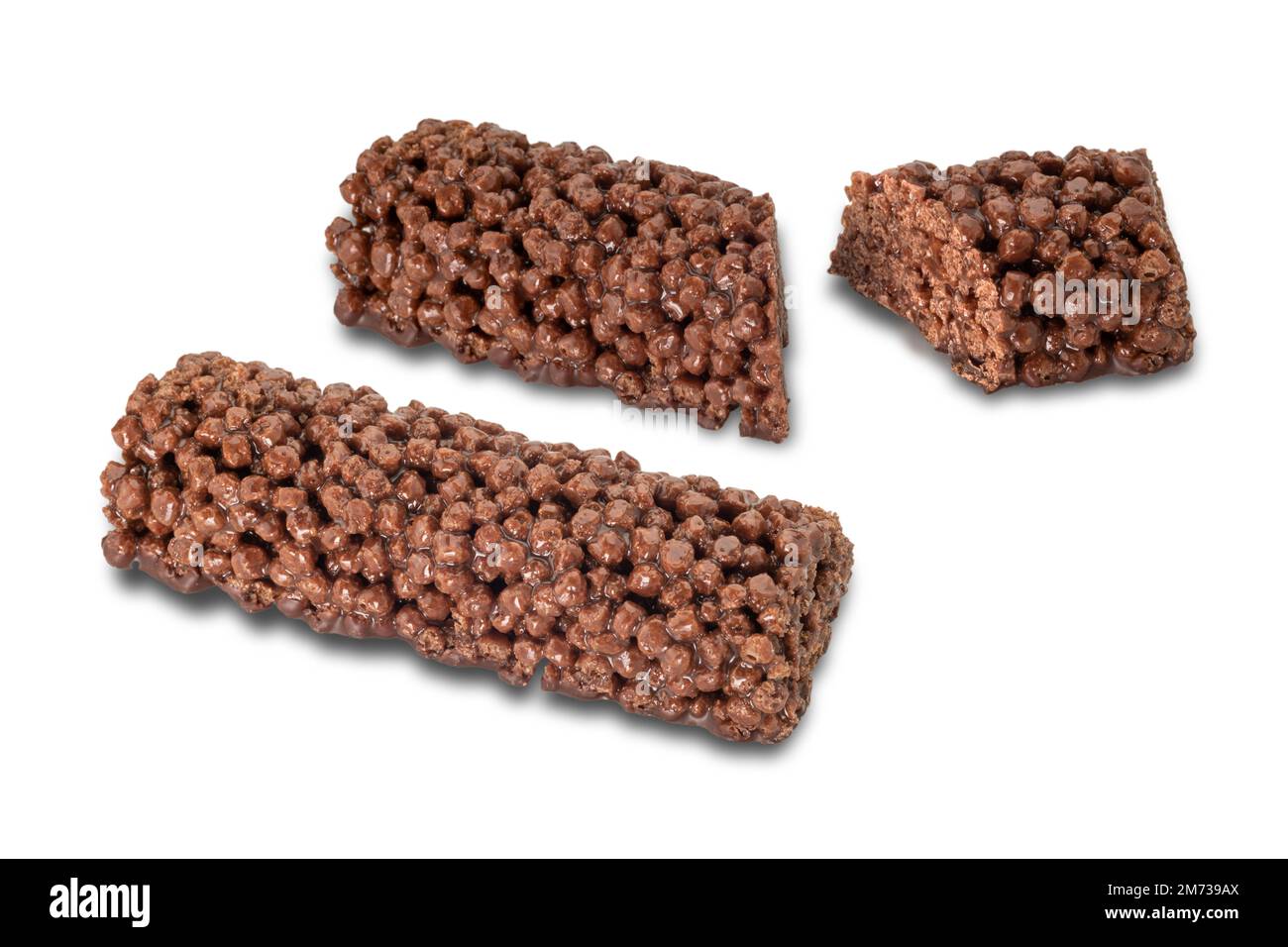 Snack bars with chocolate cereal, one whole and one cut up isolated on ...