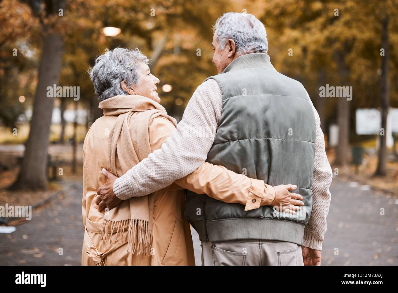 Senior couple, love and health while walking outdoor for exercise ...