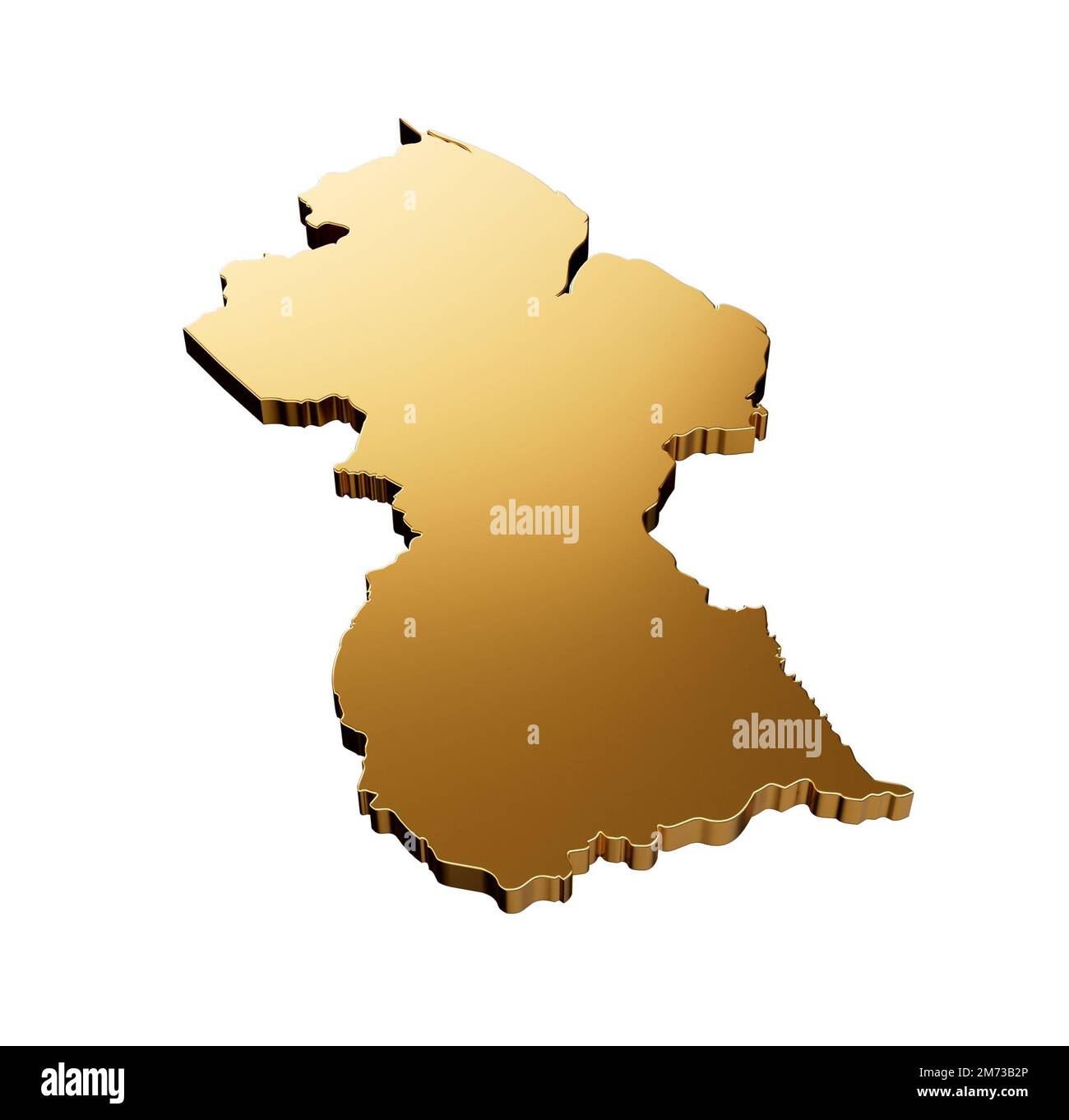 A 3D render of a gold Guyana shaped map isolated on a white background ...