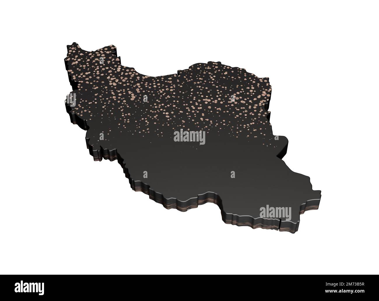 A 3D render of a metallic black Iran shaped map isolated on a white ...