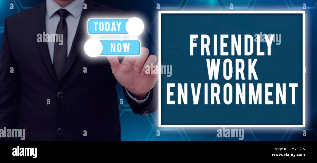 Text caption presenting Friendly Work Environment. Business approach ...