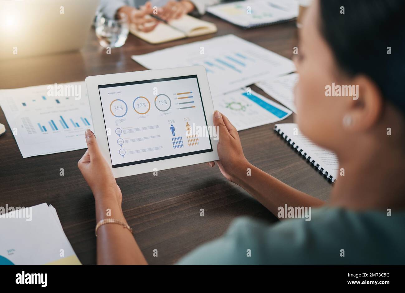 Digital tablet, meeting and business people with paperwork planning a project with data, graphs ...