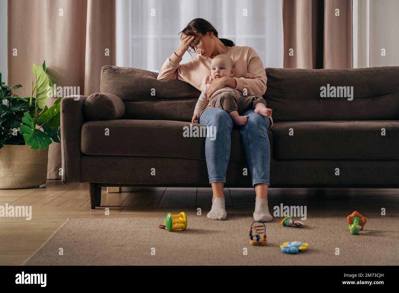 Postnatal depression and stressful motherhood concept. Exhausted woman ...