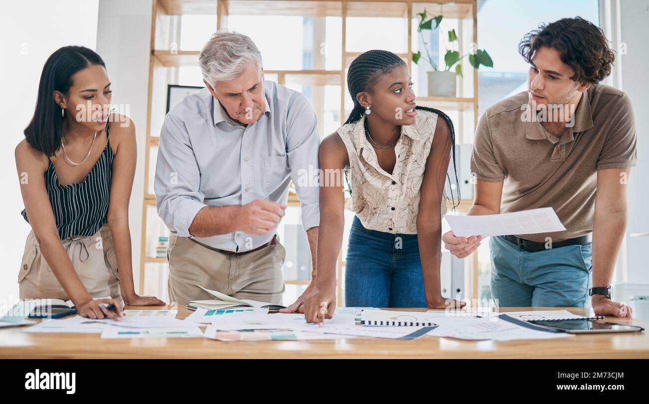 Business people, project management and documents, collaboration of ideas and brainstorming ...