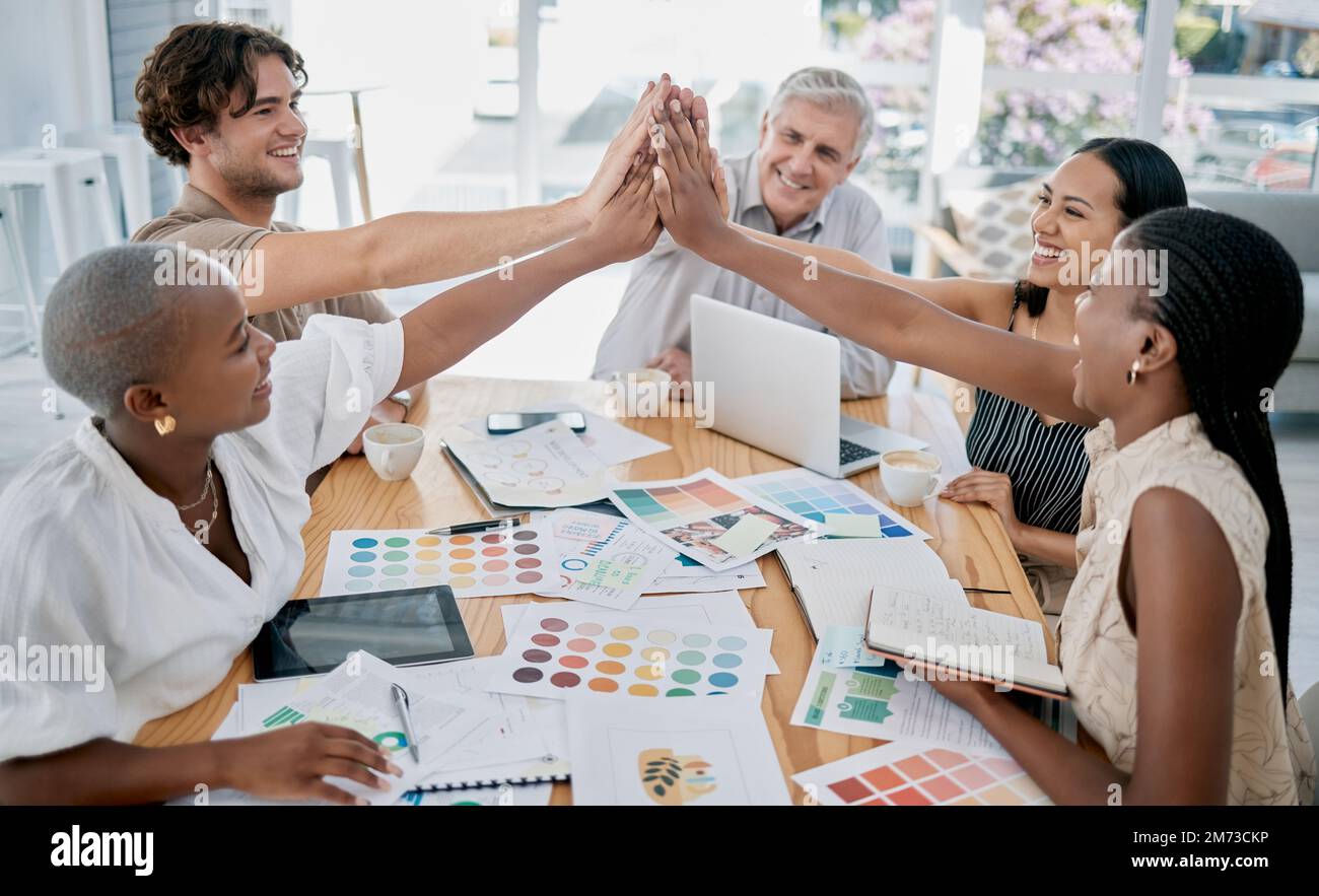 Designer, teamwork or employees high five for meeting kpi goals, sales ...