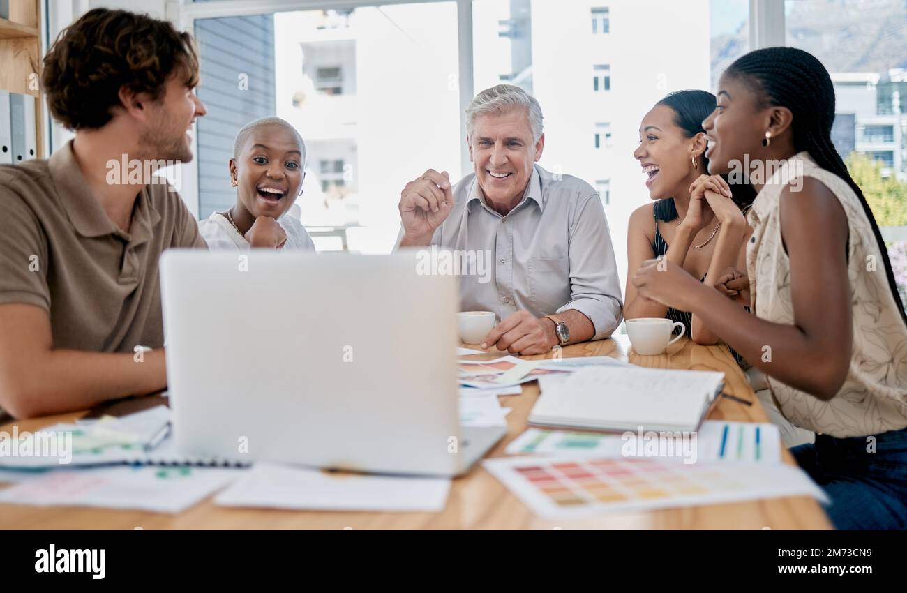 Laptop, online meeting and team speaking to their colleague on a video ...