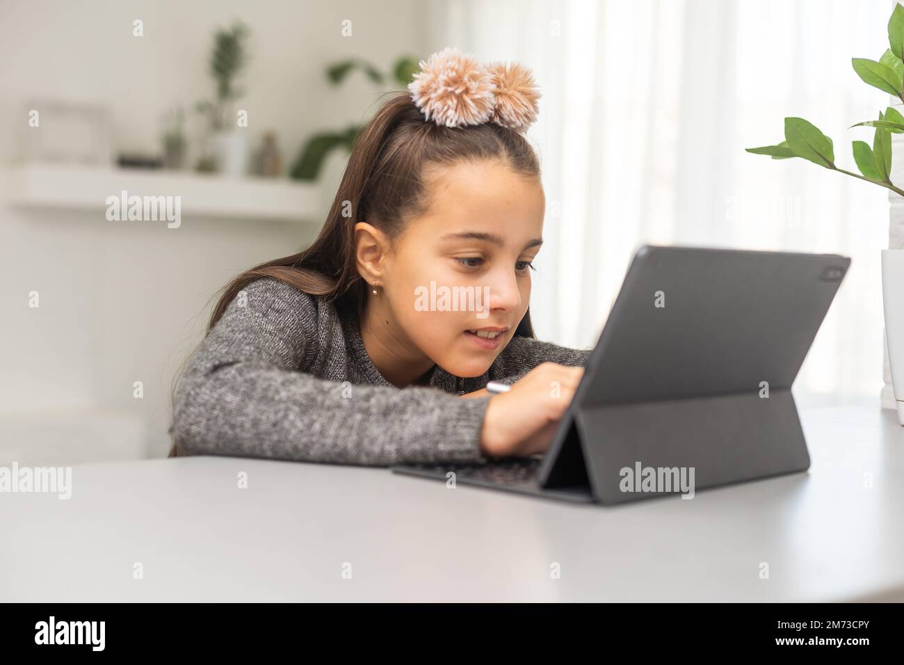 Happy smiling arab indian girl student watching learning online video ...