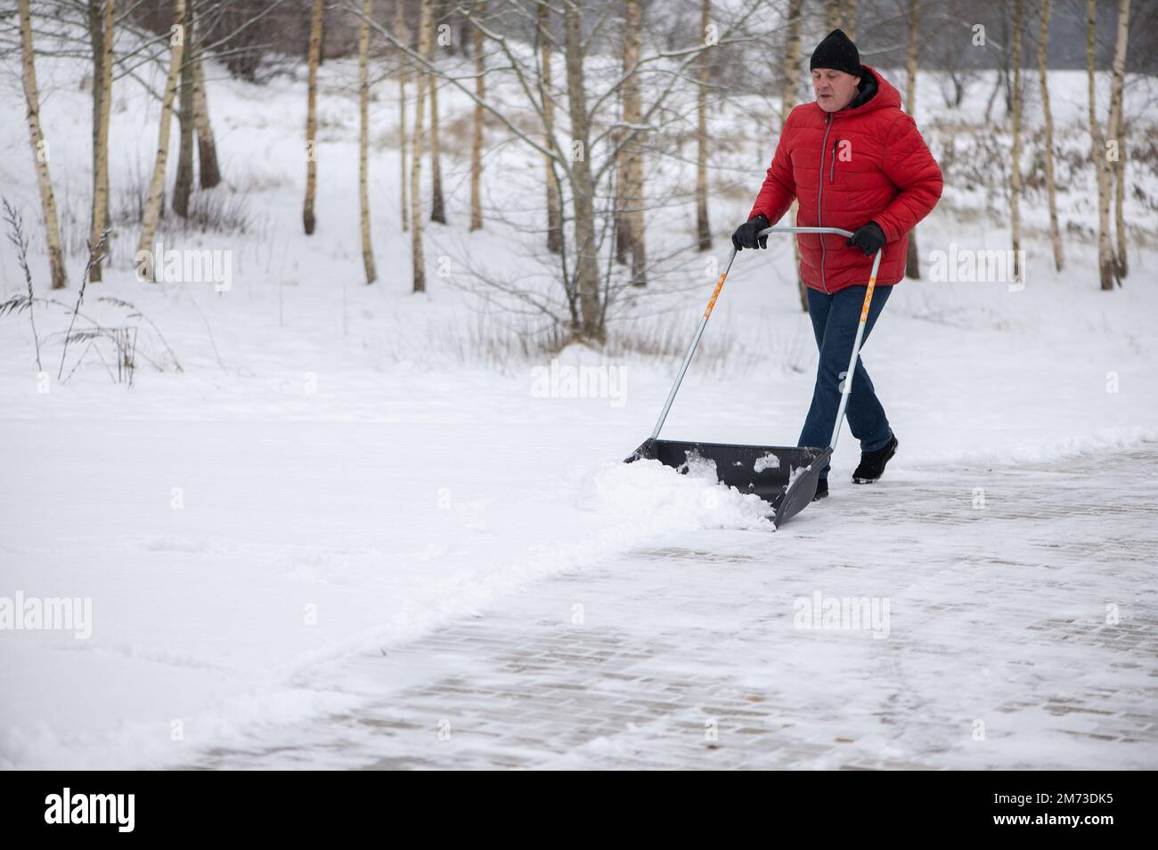 Angry man with a snow shovel cleans the pavement in the yard. Man ...