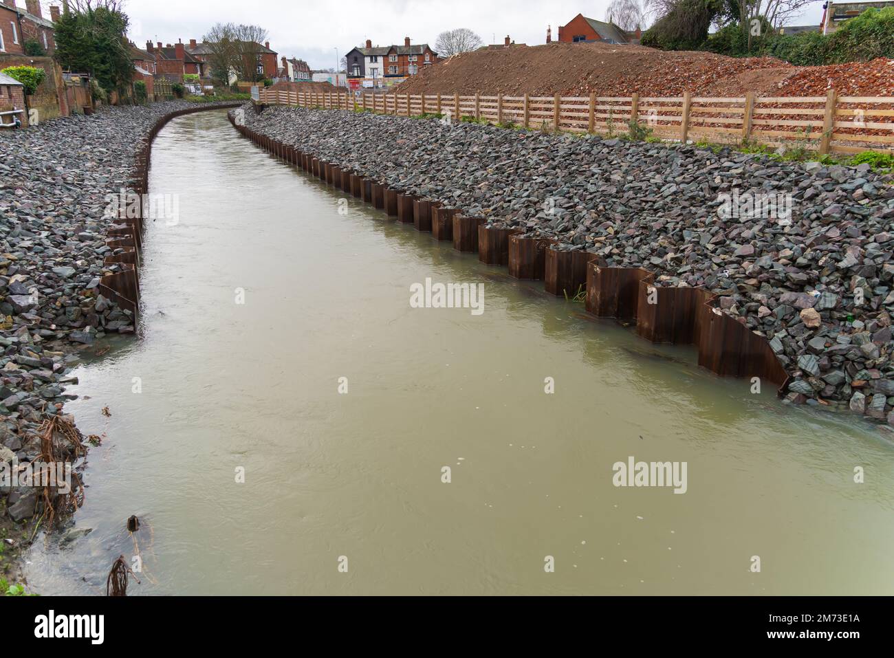 Sheet metal, piling, position, located in ground, supporting, river ...