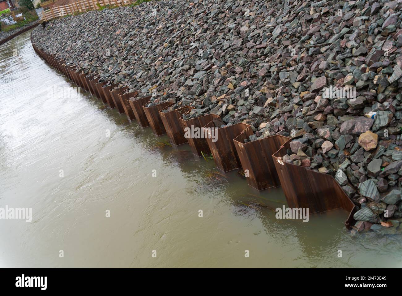 Sheet metal, piling, position, located in ground, supporting, river ...