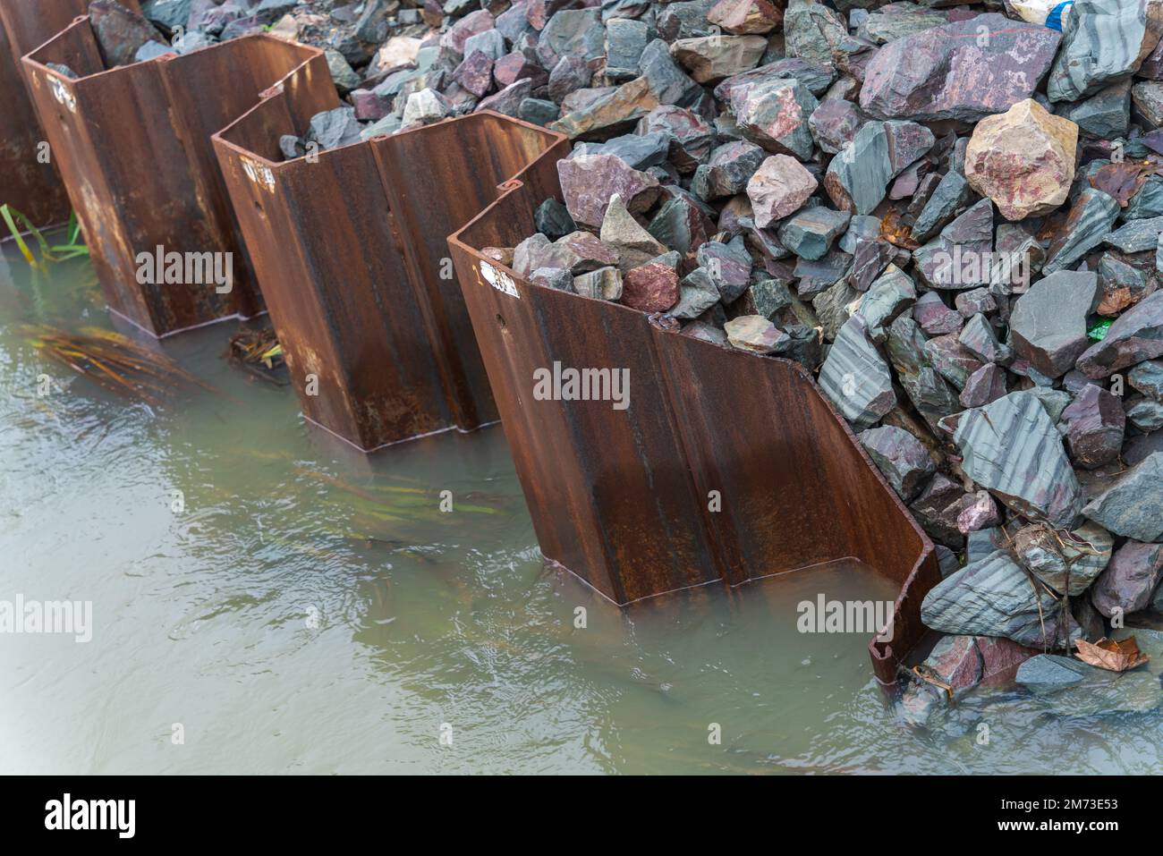 Sheet metal, piling, position, located in ground, supporting, river ...