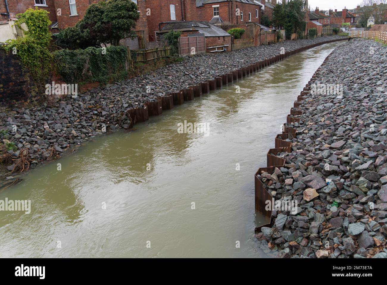 Sheet metal, piling, position, located in ground, supporting, river ...