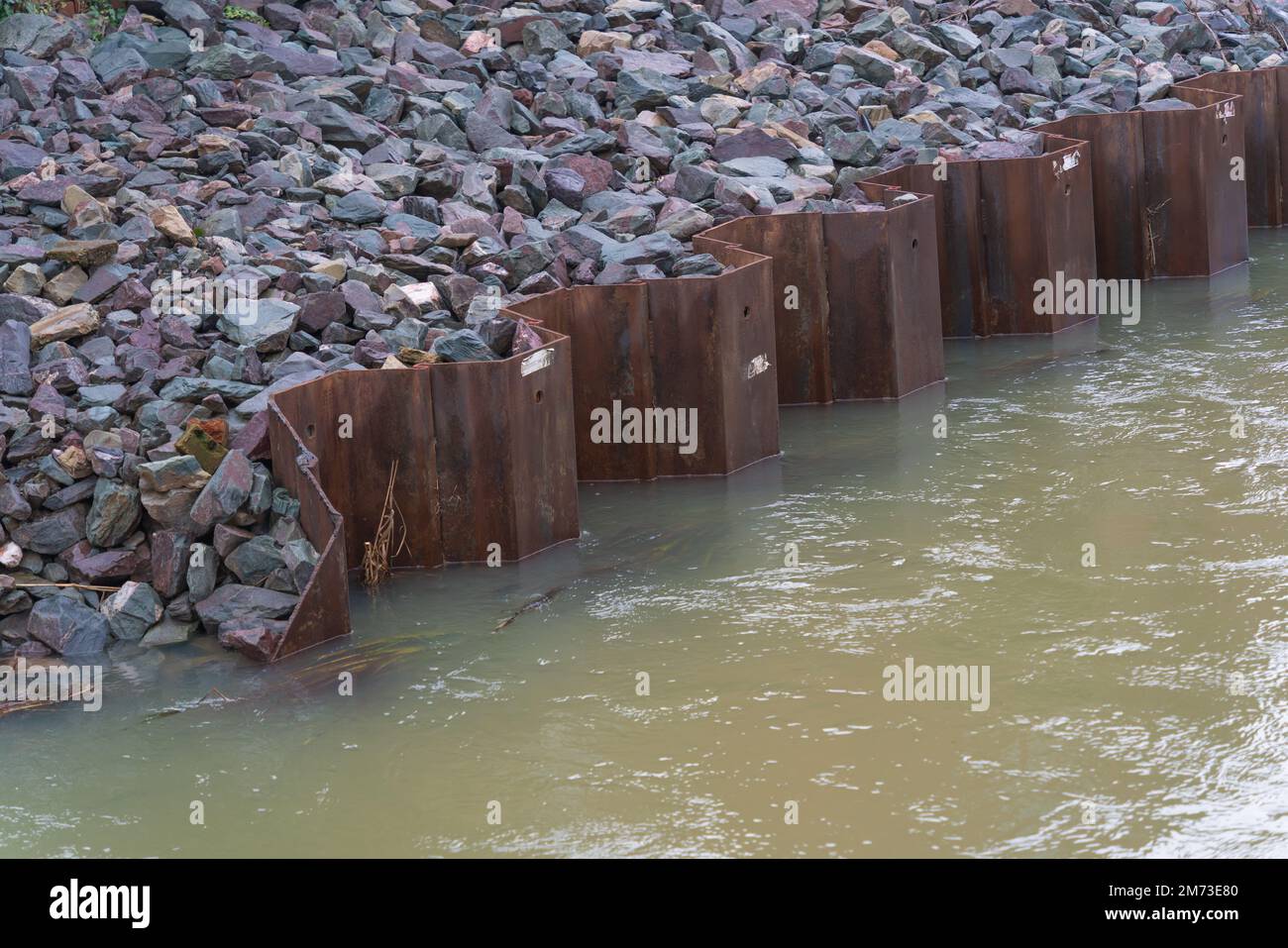 Sheet metal, piling, position, located in ground, supporting, river ...