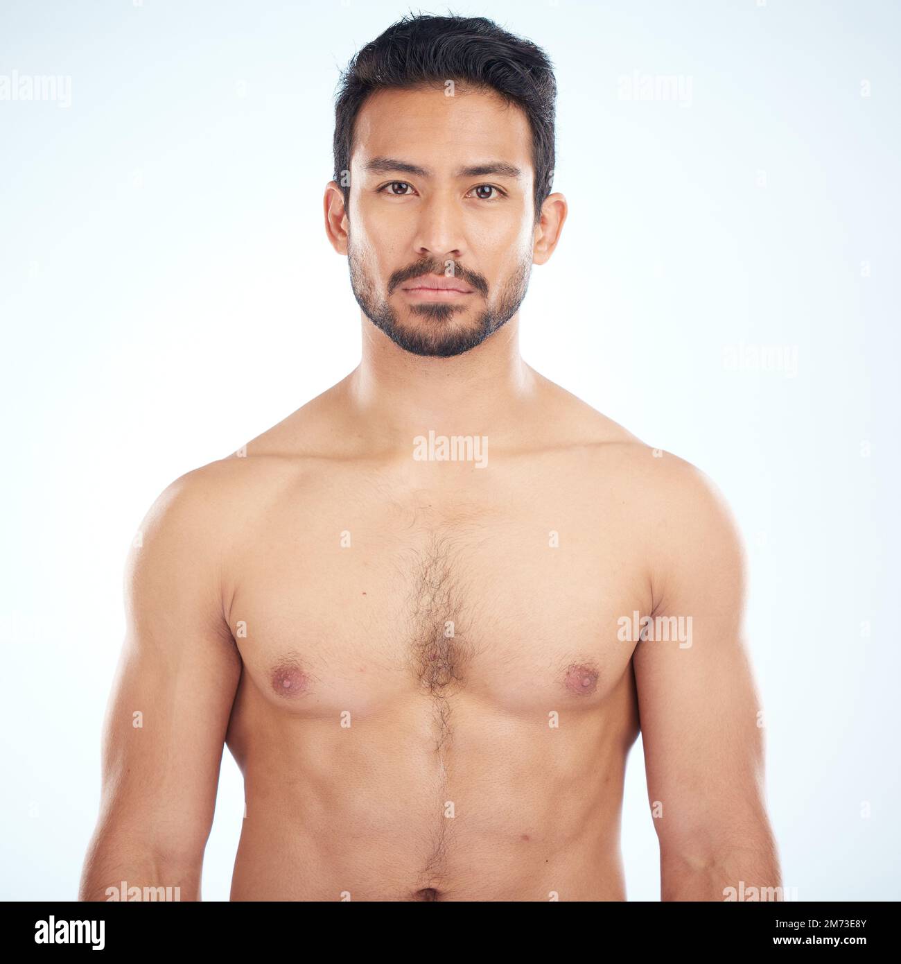Fitness, portrait or man in studio with body goals on a white ...
