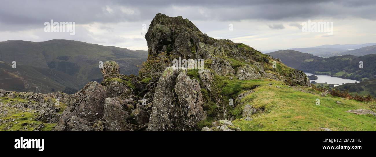 The Howitzer rock, the true summit of Helm Crag fell, above Grasmere in ...