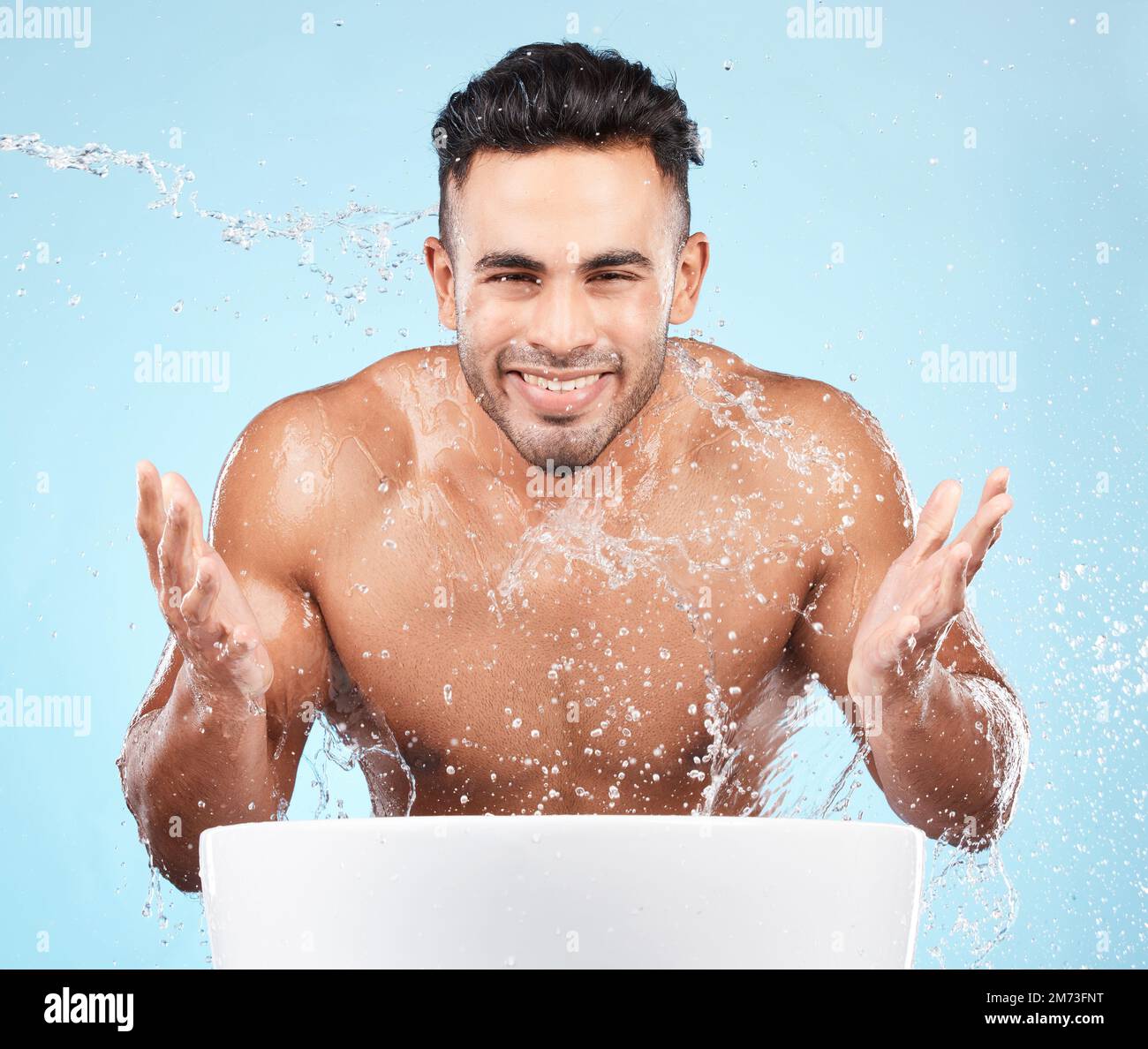 Cleaning Water Splash And Portrait Of Man Happy With Self Care Routine
