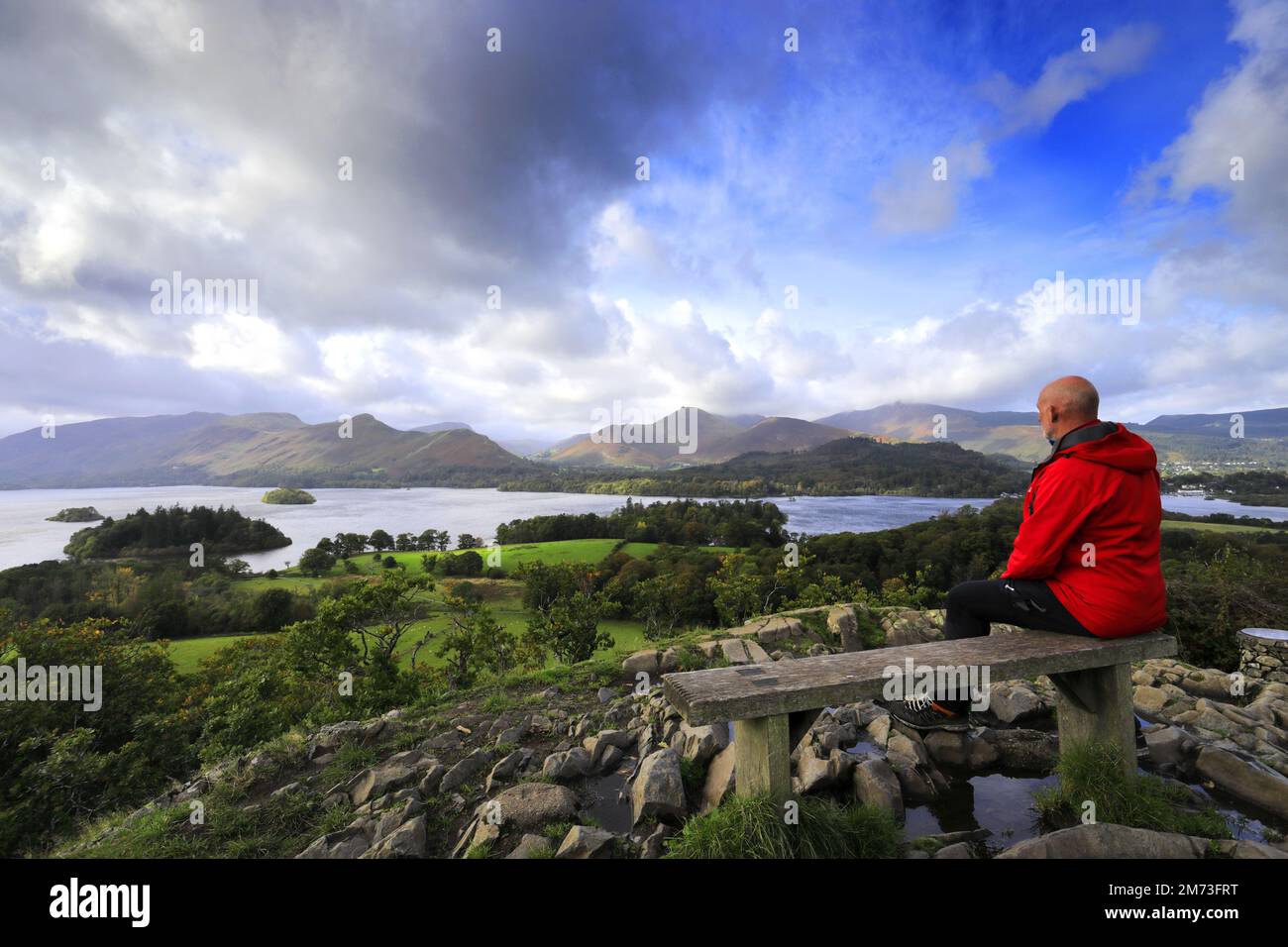 Walker on Castlehead fell above Derwentwater, Keswick town, Cumbria ...