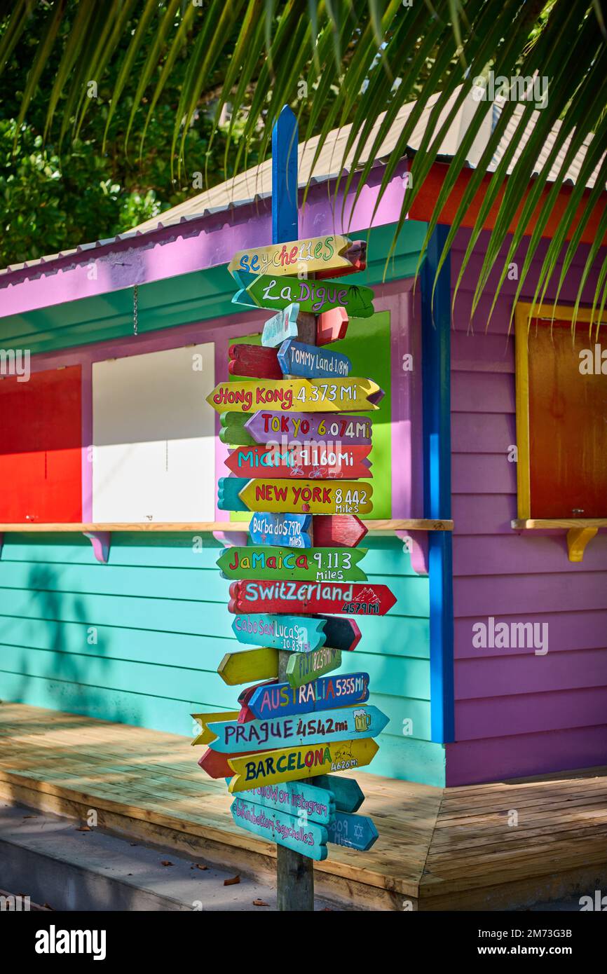 colorful information signs with distances to places around the world on ...